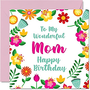 Stuff4 Fun Birthday Cards for Mom - Wonderful Female - Cute Happy Birthday Card for Mom from Daughter Son, Mother Special Birthday Gifts, 5.7 x 5.7 Inch Floral Greeting Cards for Mama Mum Mam Mommy