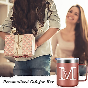 LiqCool Initial Mug, Monogrammed Gifts for Women Men, Letter-M, K, A, S Initial Monogram Engraved Coffee Mug Tumbler, Monogram Mug Personalized Gifts for Women Men, 12 Oz Travel Coffee Mug(Rose Gold)