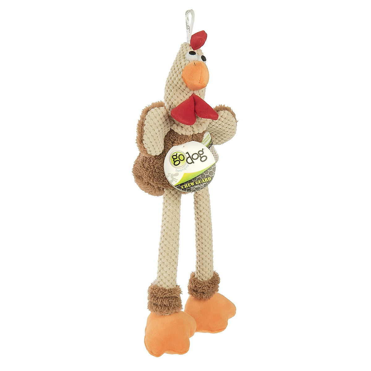 goDog Checkers Skinny Rooster Squeaky Plush Dog Toy, Chew Guard Technology - Brown, Large