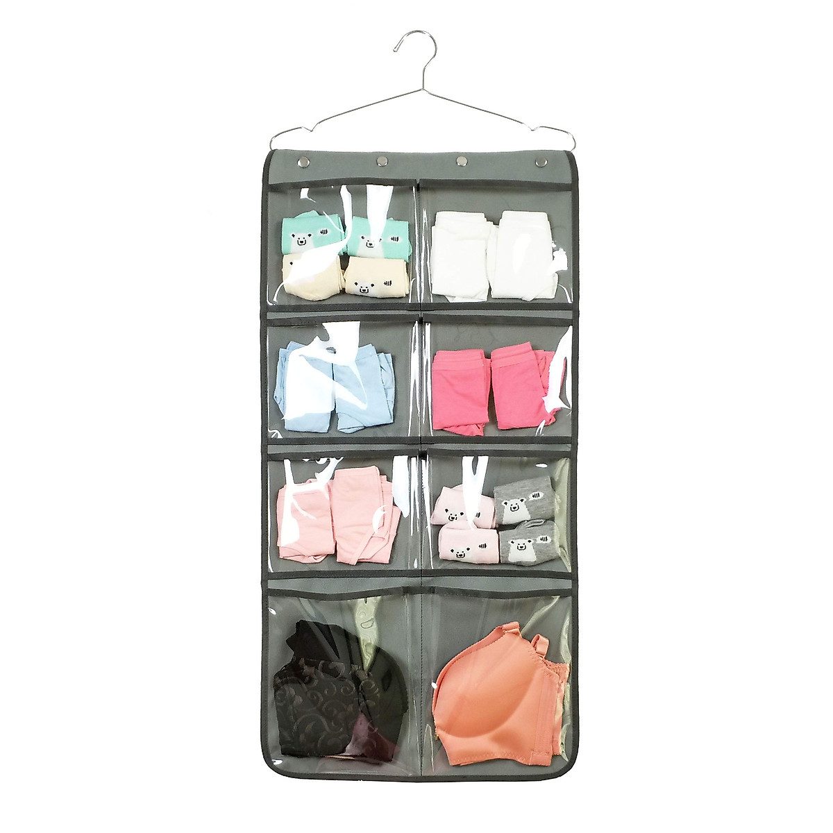 NIMES Durable Hanging Closet Underwear Sock Bra Stocking Organizer Dual-Sided Accessories Storage with 16 Large Clear Pockets (Grey)