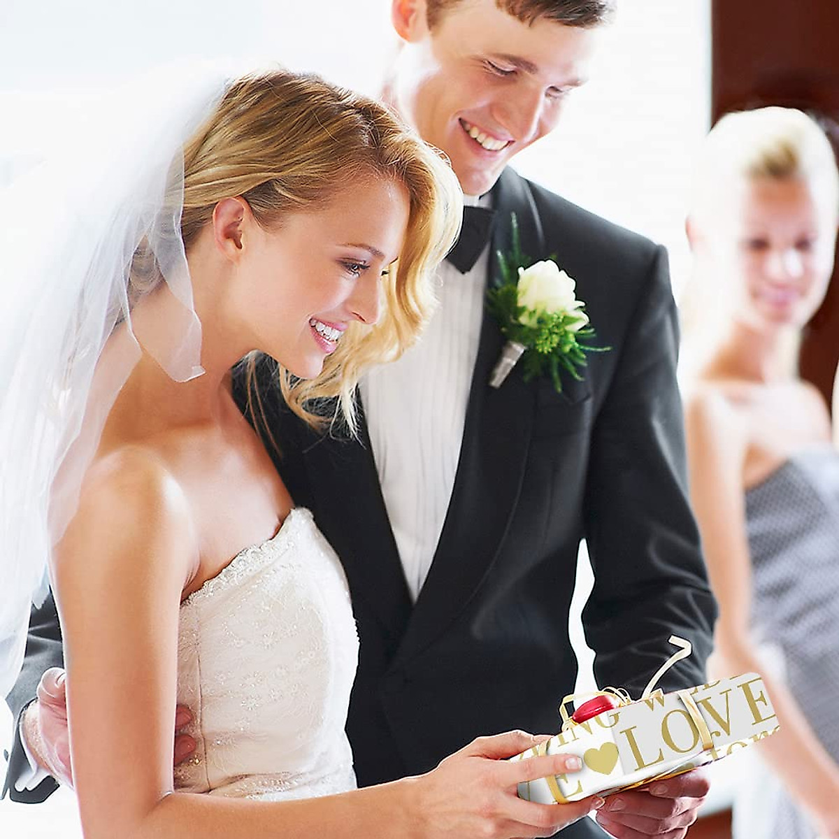 Love Forever Wedding Letter With Hearts White & Gold Foil Design Wrapping Paper Folded Flat 4 Sheets 20x28 inches Per Sheet For Weddings, Bridal Showers, Engagements