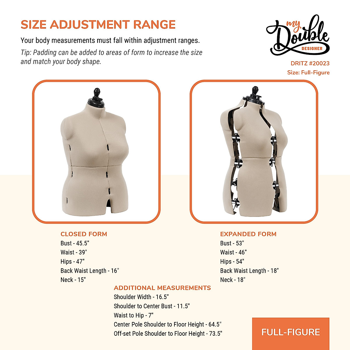 Dritz My Double Designer Adjustable Dress Form, Full-Figure, Ivory