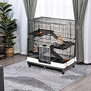 PawHut 4-Level Small Animal Cage Hutch with Wheels, Removable Tray, Platform and Ramp for Rabbit Bunny, Chinchillas, Ferret, Hedgehog & Gerbils