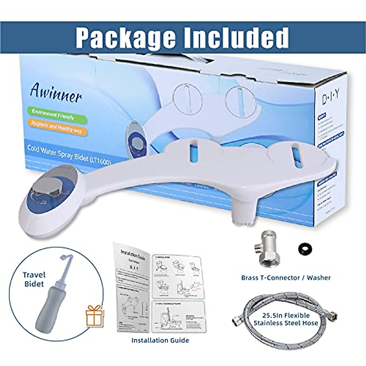 Awinner Bidet Toilet Seat Attachment，Non-Electric Ultra-Thin Fresh Water Sprayer Bidet with Self Cleaning Dual Nozzle，Adjustable Water Pressure Bidet Attachment for front and rear wash