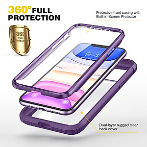Diaclara Compatible with iPhone 11 Case, Full Body Rugged Case with Built-in Touch Sensitive Anti-Scratch Screen Protector, Soft TPU Bumper Case Clear Compatible with iPhone 11 6.1" (Purple and Clear)