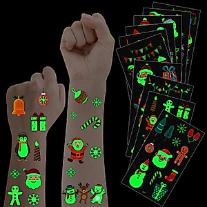 JUNEBRUSHS 20 Sheets Christmas Temporary Tattoos for Kids, Stocking Stuffers Christmas Party Favors Glow in Dark Tattoo Stickers Luminous Tattoos Face Make up Gift Filler Decoration for Boys Girls