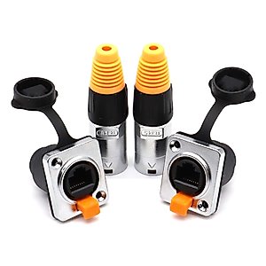 LOCHSOEL RJ45 Interface Waterproof sockets Connector,Right Angle Panel Mounting Shielded RJ45 IP65 Waterproof PCB Signal Panel Cat5/5e/6 8P8C Connector Ethernet LAN Cable Connector(2 Set/4 Pack)