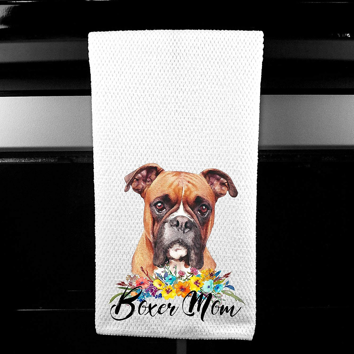 Boxer Mom Floral Waffle Weave Microfiber Kitchen Hand Towel Gift for Dog Lover