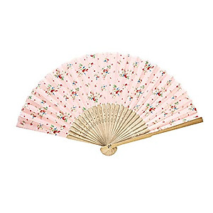 Hand Fan Bamboo Pink Flower Printed Folding Fan Cotton for Party Wedding Gift