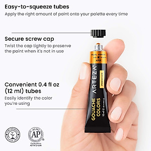 ARTEZA Metallic Gouache Paint, Set of 12, 12ml/0.4 US fl oz Gouache Paint Tubes, Glitter Paint for Canvas and Paper