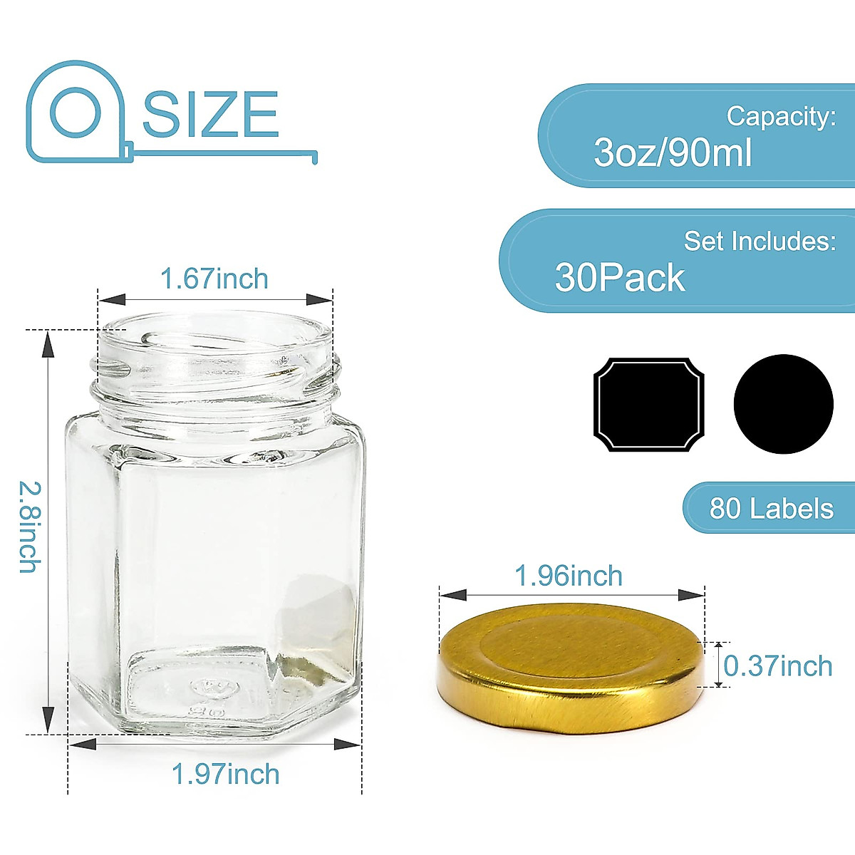 3 oz Hexagon Glass Jars with Gold Lids, 30 Pack Honey Jars Canning Jars Small Spice Jars for Jelly, Herb, Jams, Candy, Wedding Favors, Includes Labels and Pen