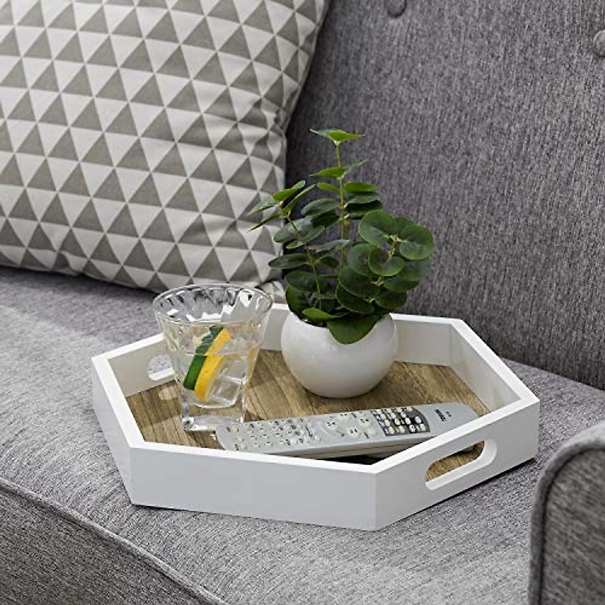 MyGift Hexagonal White Wood Decorative Tray with Handles and Burnt Wood Base, Geometric Serving Tray Ottoman Breakfast Tray
