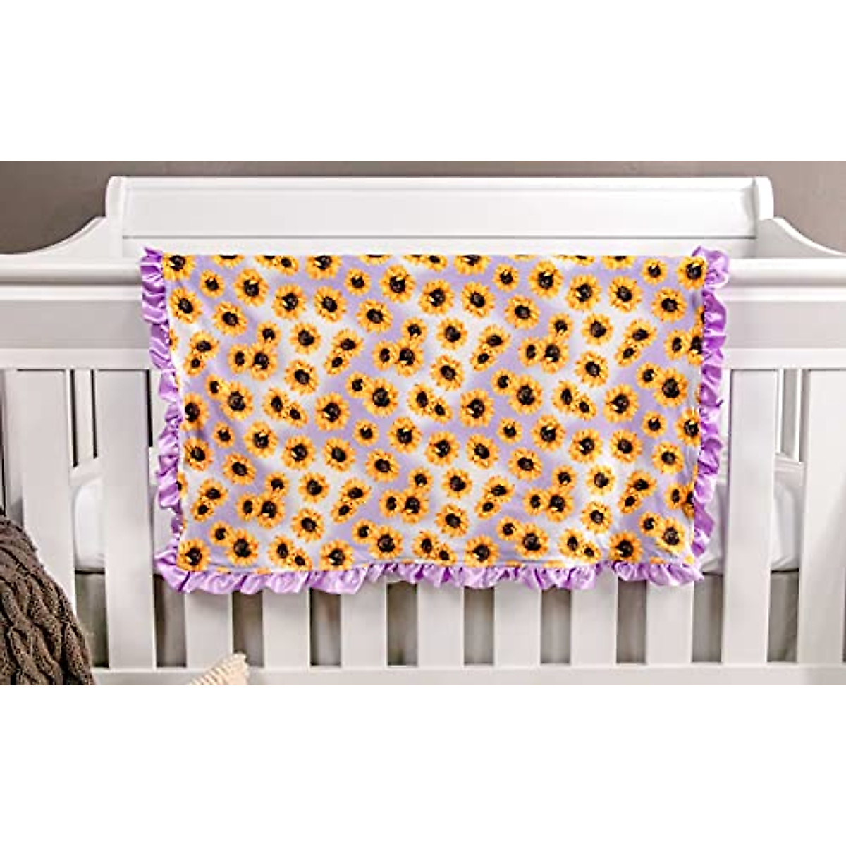 Top Tots Baby Blanket - Small Sunflowers with Purple Minky Dot & Satin Ruffle, 31 x 31 Inch Yellow