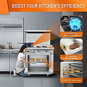 HOCCOT 36” Gas Range Stove with 2 Burners and 24” Griddle Cooktop, Freestanding Commercial Natural Gas Restaurant Range Stainless Steel w/Standard Oven & Cast Iron Grate, 135,000 BTU Total