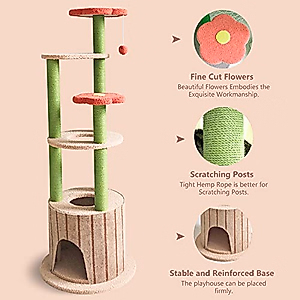 SENNAUX 51in Cat Tree Multi-Level Cat Tower Cat Condo Cat Activity Tree with Sisal Scratching Post Cat Climbing Flower Tower House for Cats Kittens Pets 6 Layers(Light Brown&Red)