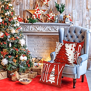 DIYDEC 4PCS Christmas Pillow Covers 18x18 inch Winter Throw Pillow Covers Red Christmas Tree Snowflake Pillow Covers Hello Winter Holly Jolly Decor Cushion Case for Holiday Home Sofa Couch