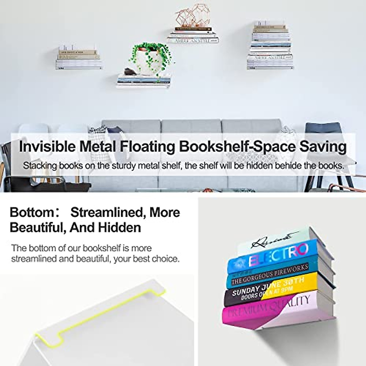 Fentec Invisible Floating Bookshelf, Wall Mounted Floating Bookshelves Heavy-Duty Book Organizers Hidden Book Shelf Metal Shelves Holder for Books Storage Bedroom Living Room Home Office, 4-Pack White