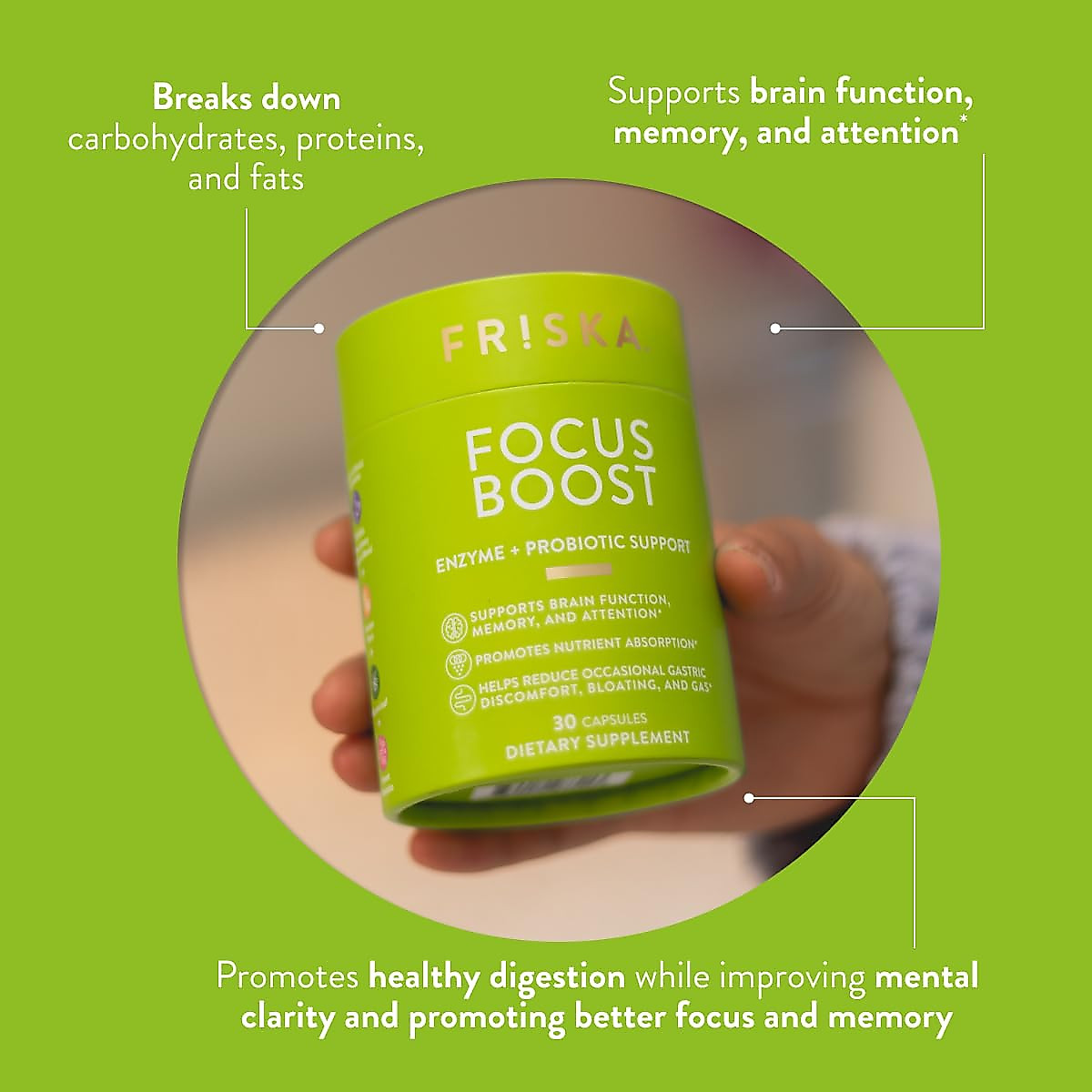 FRISKA Energy Boost Enzyme and Probiotics Supplement, Promotes Better Digestion and Energy for Men and Women, Gut Health, 30 Capsules