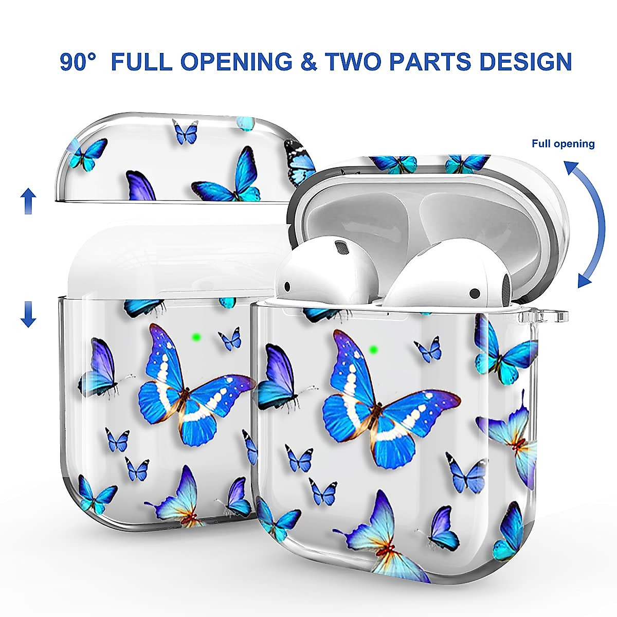 Maxjoy for AirPods Case Cover, Clear AirPod Case for Women Girly Cute Soft Protective Transparent iPod Case with Keychain Clip for AirPods 2nd 1st Generation Charging Case 2&1, Blue Butterfly