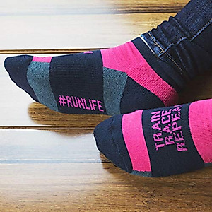 Gone For a Run Inspirational Athletic Running Socks | Women's Woven Low Cut | Inspirational Slogans | Over 25 Styles (Train Race Repeat (Pink/Navy))