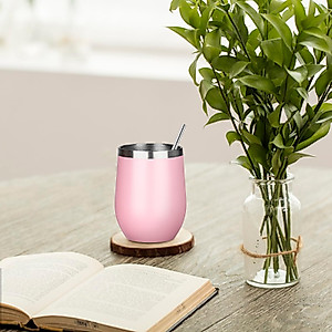 MEZMUT 12oz Insulated Wine Tumbler with Lid Double Wall Vacuum Stainless Steel Wine Glass Coffee Mug Insulated Tumbler Cup for Champaign, Cocktail, Beer (Pink, 1 Pack)