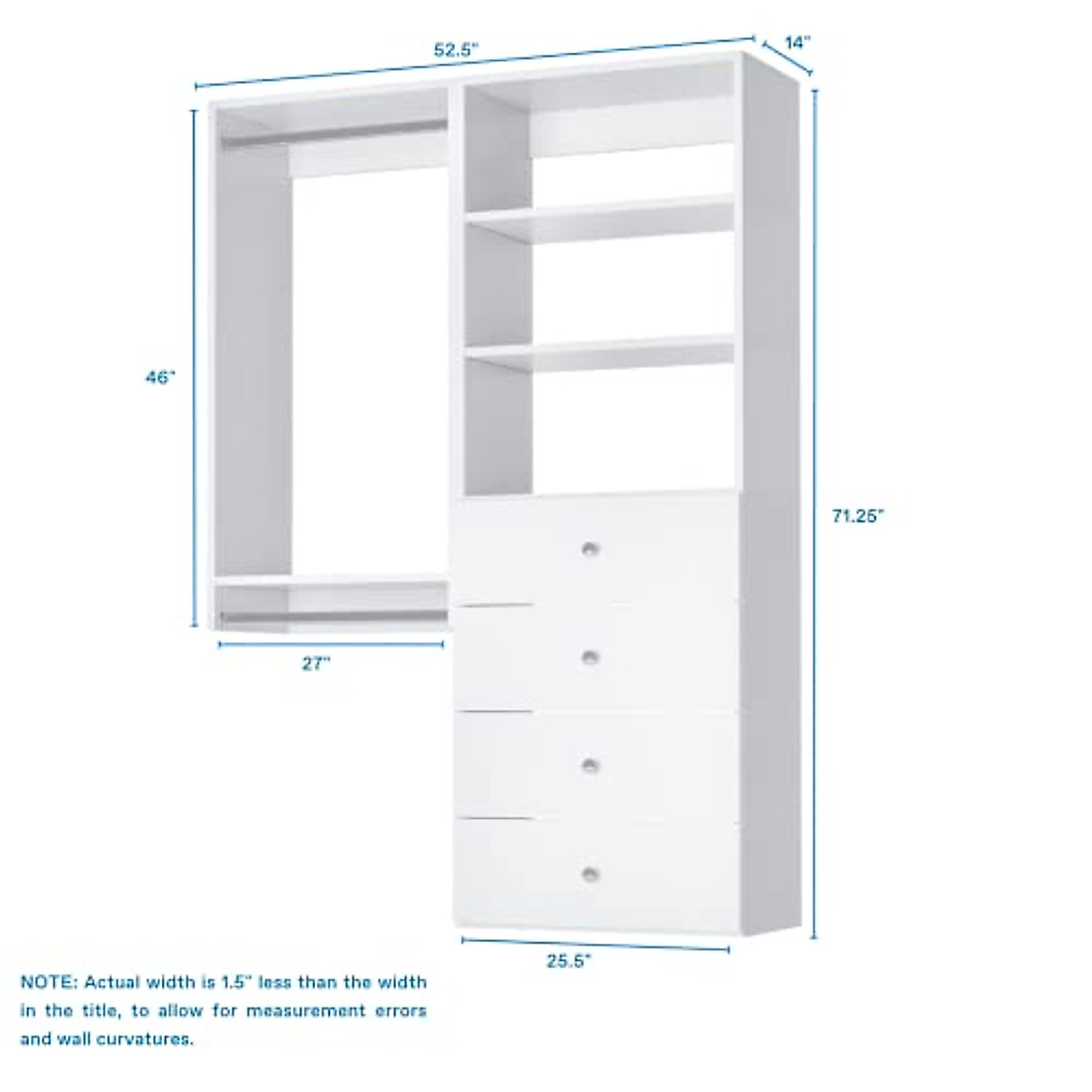 Closet Kit with Hanging Rods, Shelves & Drawers - Corner Closet System - Closet Shelves - Closet Organizers and Storage Shelves (White, 54 inches Wide) Closet Shelving