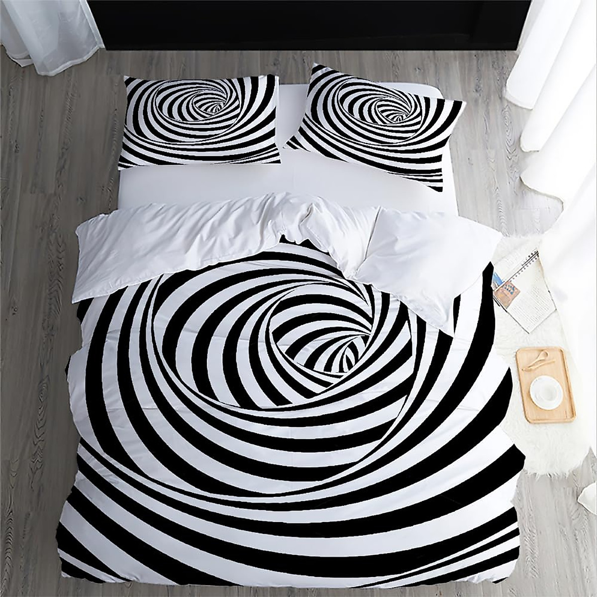 Duvet Set Psychedelic Black And White Illusion Lines Swirl Complete Bedding Set Microfiber Printed Design With 2x Pillow Cases(20"x36") Bedding Quilt Cover With Zipper, California King(104"x98")