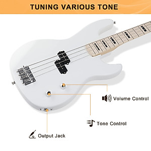 GLARRY GP Series Full Size Electric Bass Guitar 4 String Beginner Kit Canadian Maple Fingerboard with Cable, Strap, Bag and Accessories (White)
