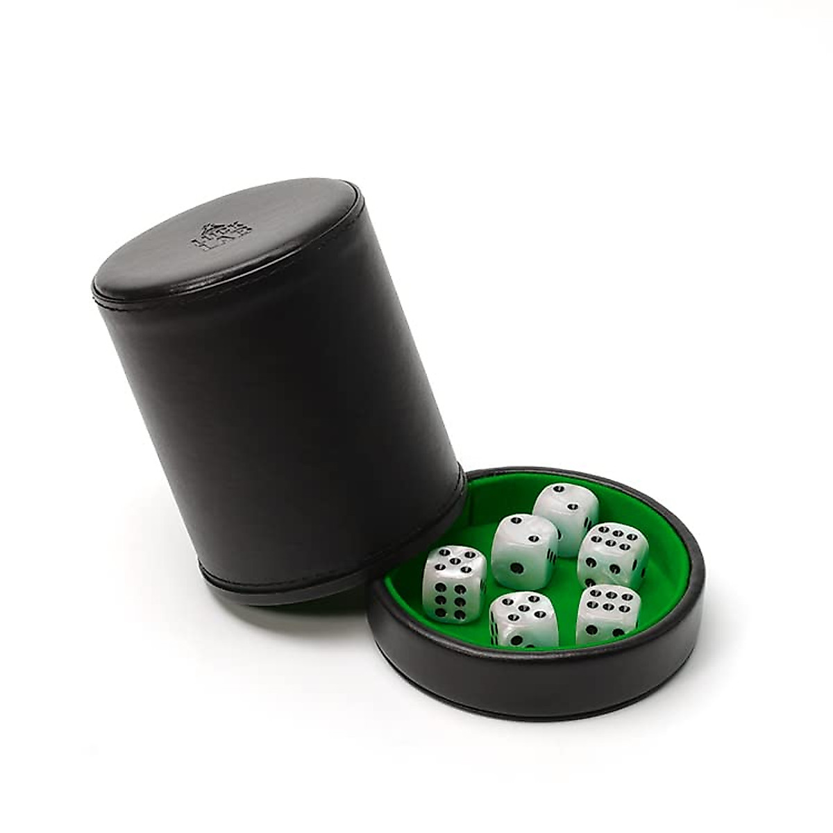 Luck Lab Black Leather Dice Cup with Lid Including 6 Matching Pearl Dice - Green Velvet Interior for Quiet Shaking - Use for Liars Dice Farkle Yahtzee Board Games
