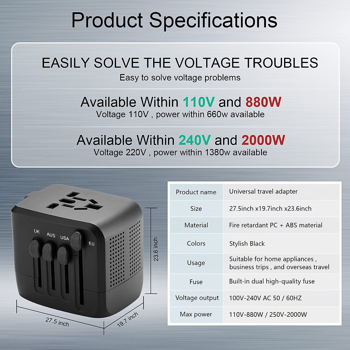 1200Watts Travel Adapter and Converter Combo Step Down Voltage 220V to 110V for Hair Dryer Steam Iron Laptop MacBook Cell Phone Travel Adapter Converter for US to UK Europe AU Over 150 Countries