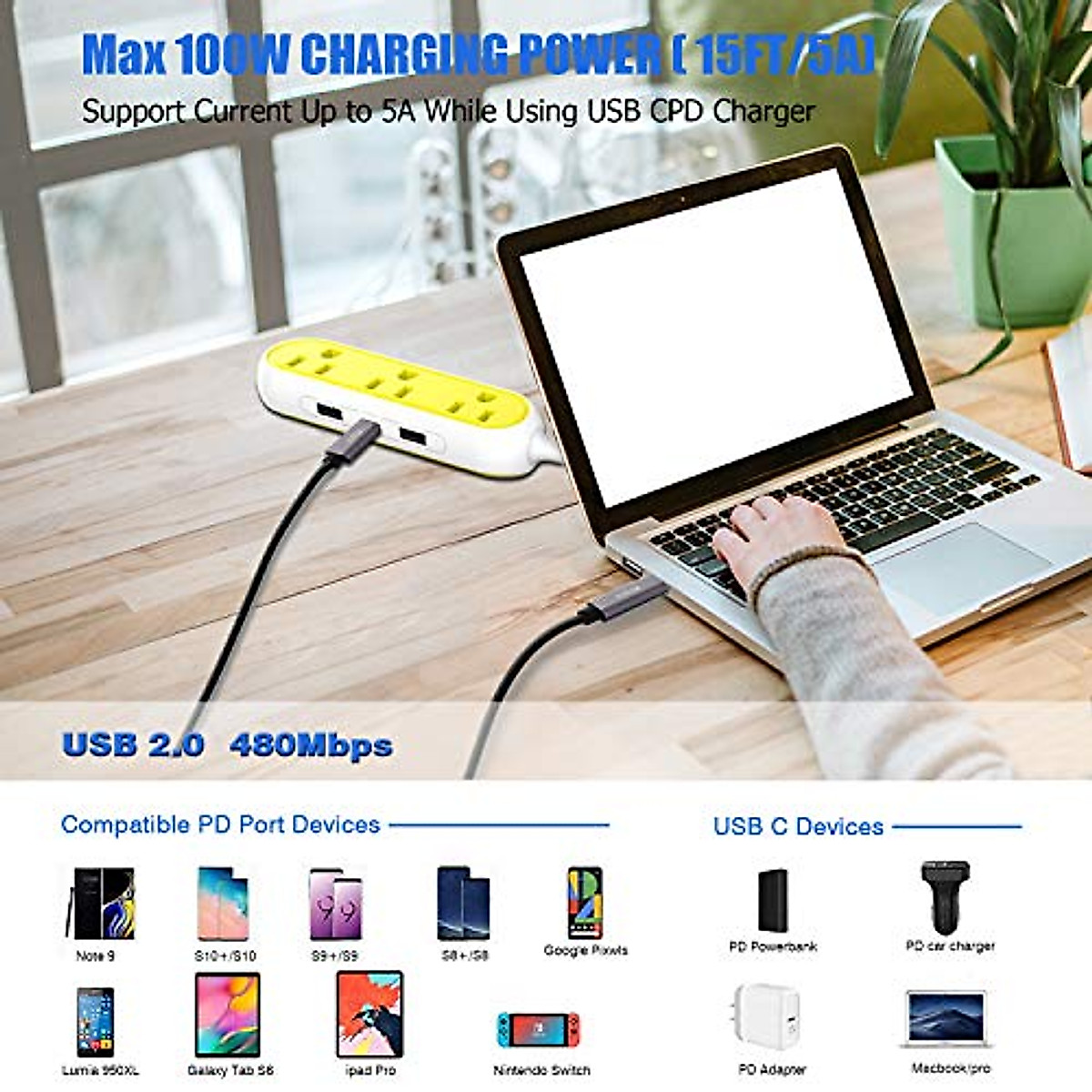 RUJOI Long USB C Cable 15FT with 100W Capacity, USB C to USC C 2.0 Cable Long 15 Feet Fast Charge Phone Cable 5A and 480Mps Data Speed, Cable Clip Included