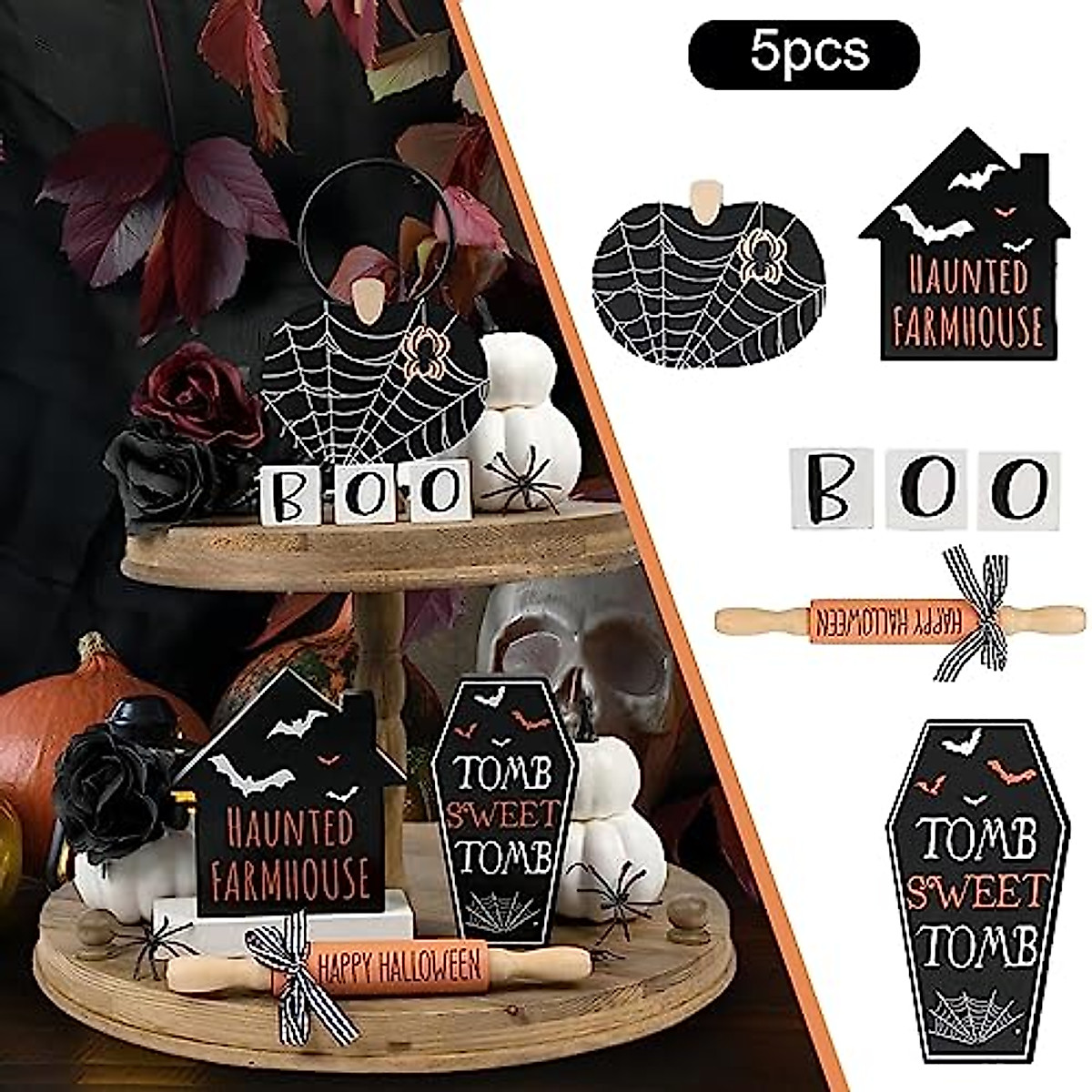 5Pcs Halloween Tiered Tray Decor Set Happy Halloween Boo Wooden Signs Cute Tomb Haunted House Rolling Pins Spiderweb Halloween Decor