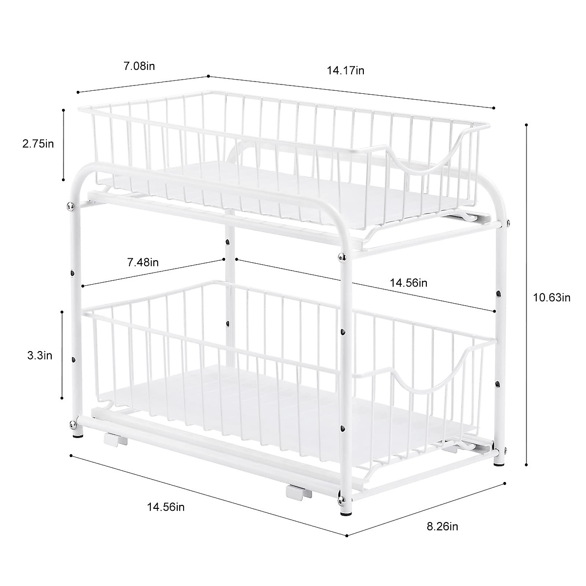 YBING Stackable Under Sink Cabinet Organizer 2 Tier Sliding Basket Organizer Drawer Bathroom Under Cabinet Basket Organizer for Kitchen Pantry White 2 Pack