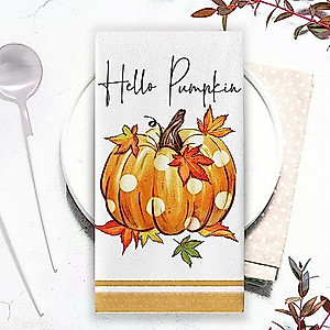 Seliem Fall Hello Pumpkin Patch Kitchen Dish Towels Set of 2, Autumn Maple Leaves Hand Towels Buffalo Plaid Check Drying Baking Cooking Cloth, Farmhouse Thanksgiving Home Kitchen Decor 18x26 Inch