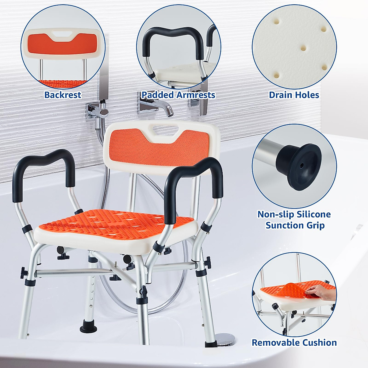 KSITEX Shower Chair for Inside Shower, Padded Shower Seat Chair with Arms and Back, 6-Level Adjustable Shower Stool Chair for Elderly and Disabled, 550 LB Heavy Duty Handicap Shower Bath Chair