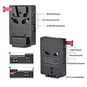 Nitze V Mount Battery Plate with 8V/3A DC, 14.8V/3A D-tap and PD 3.0 USB-C Output Ports Mini V Mount Plate - N21-D6