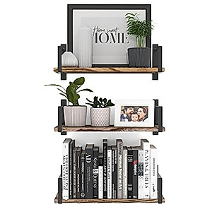 Wallniture Toledo Floating Shelves for Living Room Decor, Floating Bookshelf Set of 3, Burned Finish Rustic Wood Wall Shelves