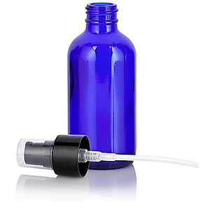 JUVITUS 4 oz / 120 ml Cobalt Blue Glass Boston Round Bottle with Black Treatment Pump (6 Pack) + Funnel