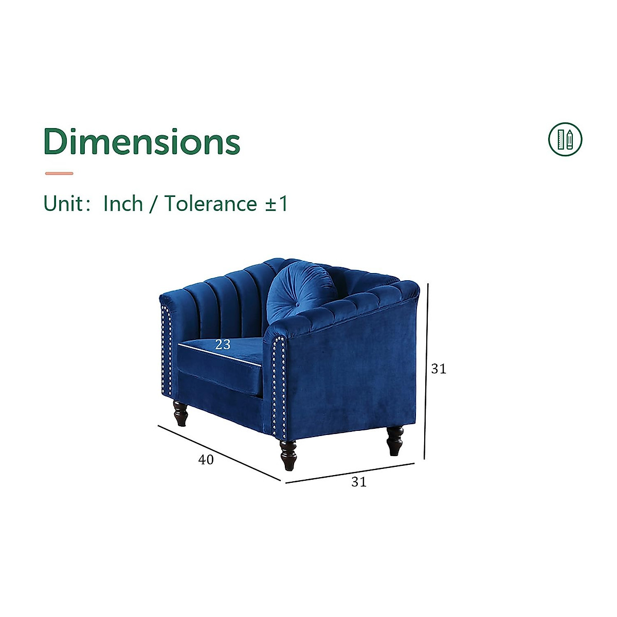 SIENWIEY Chesterfield Chair Couch, 40 Inch Luxurious Velvet Single Chair Chesterfield Settee Sofa Upholstered Rolled Arm with Rivets/Button Tufted Pillow, Modern Sofa for Living Room，Blue
