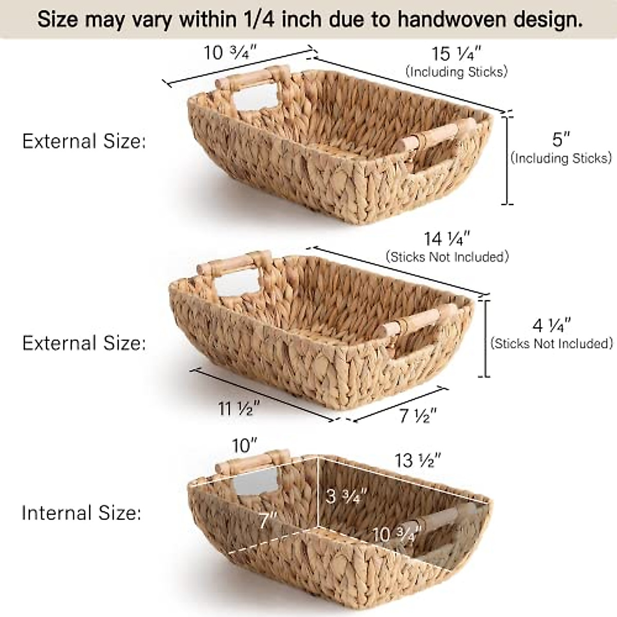 StorageWorks Hand-Woven Large Storage Baskets with Wooden Handles, Water Hyacinth Wicker Baskets for Organizing, 2-Pack