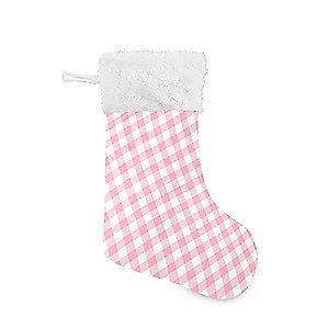 Kigai Christmas Stockings Pink Gingham Large Candy Stockings Stuffers Kids Cute Xmas Sock Decorations 2PCS for Home Holiday Party 12" x18"