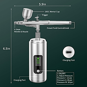 MGGSUG Airbrush Kit with Compressor 36PSI Air Brush Gun Rechargeable Portable Handheld Cordless with LCD Screen for Nail Art, Painting, Cake Decor, Cookie, Mode, Makeup, Barber (Silver)