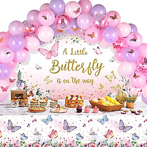 Butterfly Baby Shower Decorations Set a Little Butterfly Is on the Way Photography Backdrop Pink Purple Balloon Garland Arch Kit Butterfly Tablecloths for Baby Girls Shower Supplies Decor