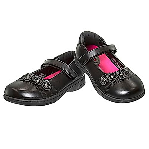 Josmo Petalia Girls Mary Jane Shoes School Kids Uniform Ballet Strap Slip-On Dress Flats - Black Flowers (Size 2 Big Kid)
