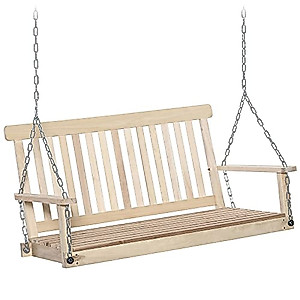 Outsunny 2-Seater Hanging Porch Swing Outdoor Patio Swing Chair Seat with Slatted Build and Chains, 440lbs Weight Capacity, Natural