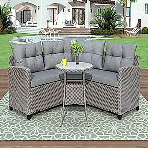 QUUL 4-Piece Resin Wicker Patio with Round Table, Gray Cushion Furniture Set Sofa-Type Garden Pool Balcony