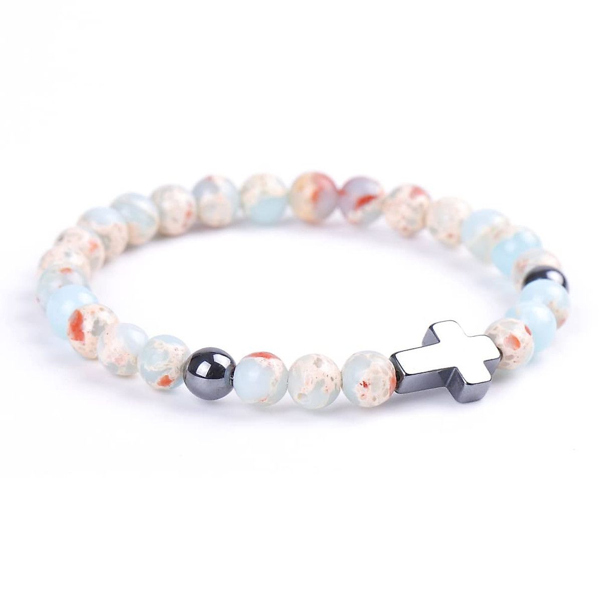 Softones 6mm Cross Beaded Bracelet for Women Natural Stone Stretch Link Prayer Bracelet for Women,7.1"