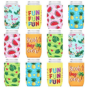 Whaline 12Pcs Summer Hawaiian Can Sleeves Reusable Cooler & Insulated Can Sleeves Beer Can Cooler Covers Collapsible Insulator Drink Sleeves for 12oz Beverage Coffee Cans Bottles, 6 Designs