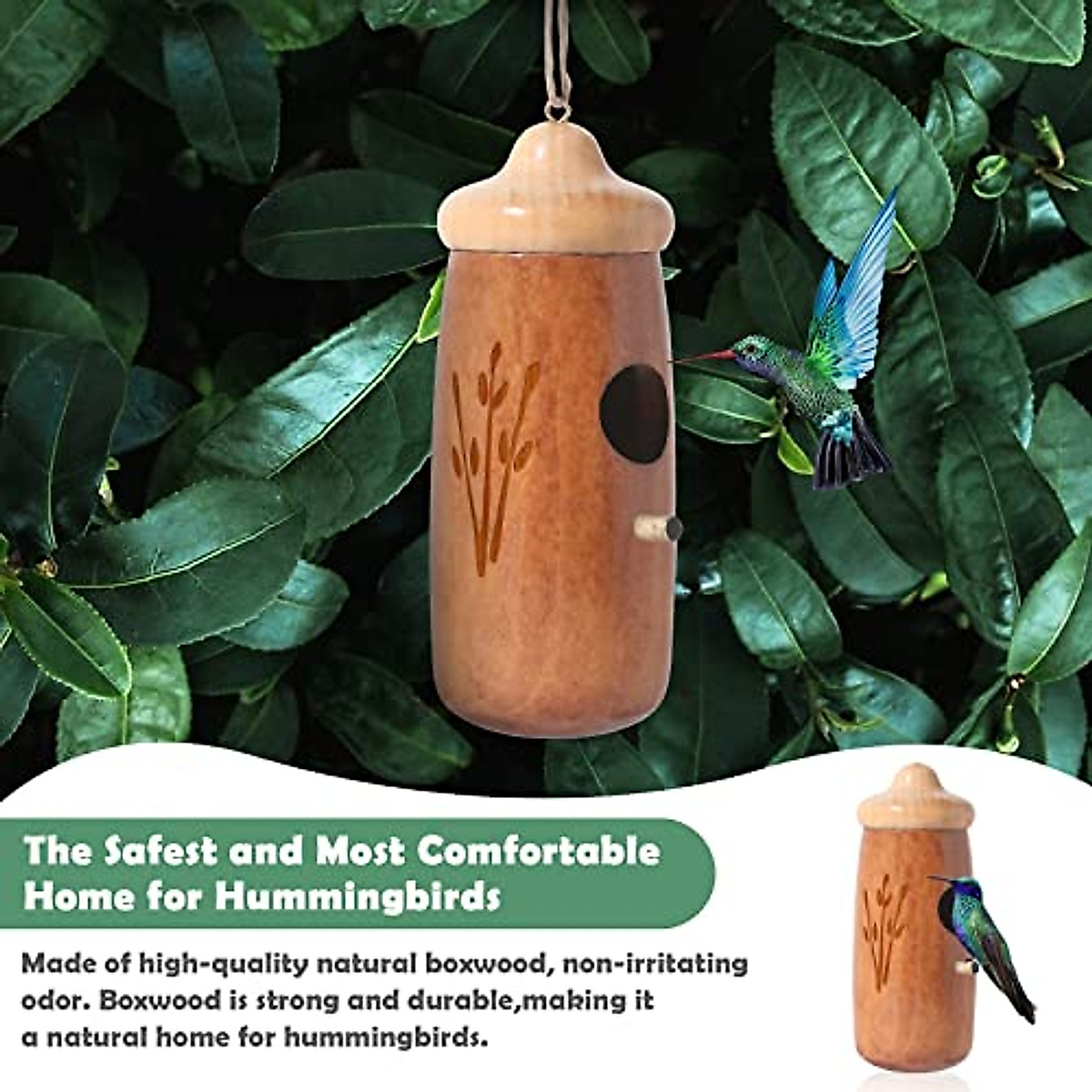 Lezmarket Hummingbird House, 3 Shapes Hummingbird Houses for Outside Hanging for Nesting, Boxwood Hummingbird Nest with Nesting Material & Red Ribbon, for Garden Decoration Wild Bird Conservation.