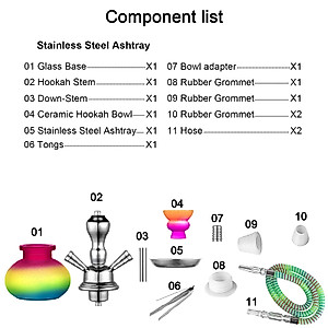 2 Hose Hookah Set 11'' Small Shisha Hookah Set With Mini Pumpkin Glass Vase, Ceramic Bowl, Leather Hose, Coal Tong, Hookah Foil, Disposable Tips (Colorful)